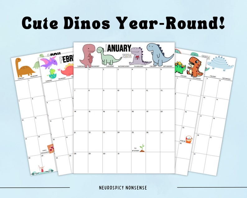 Dinosaur Calendar | Printable 2024 Calendar | Cute Dinosaur Calendar ...