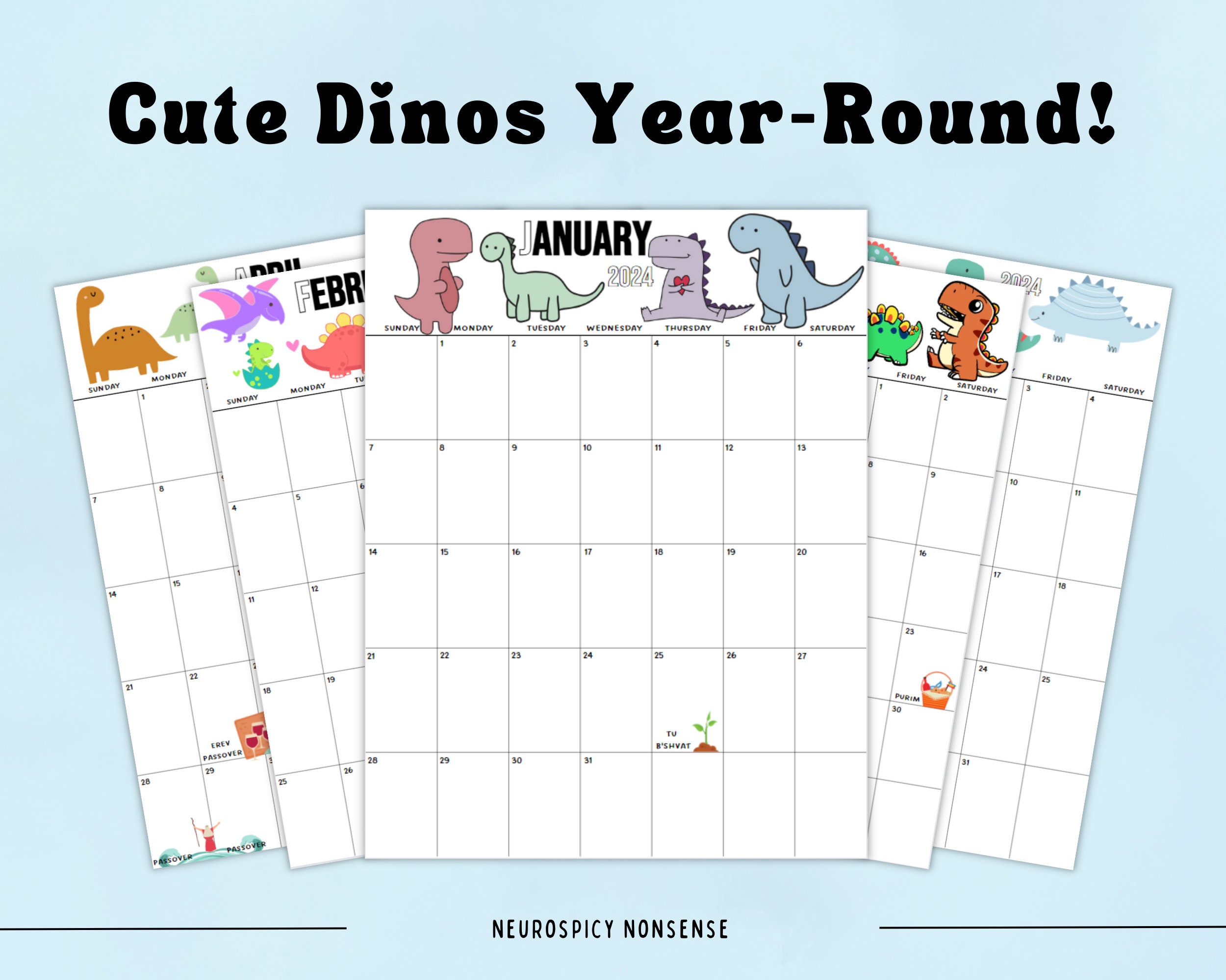 Dinosaur Calendar | Printable 2024 Calendar | Cute Dinosaur Calendar ...