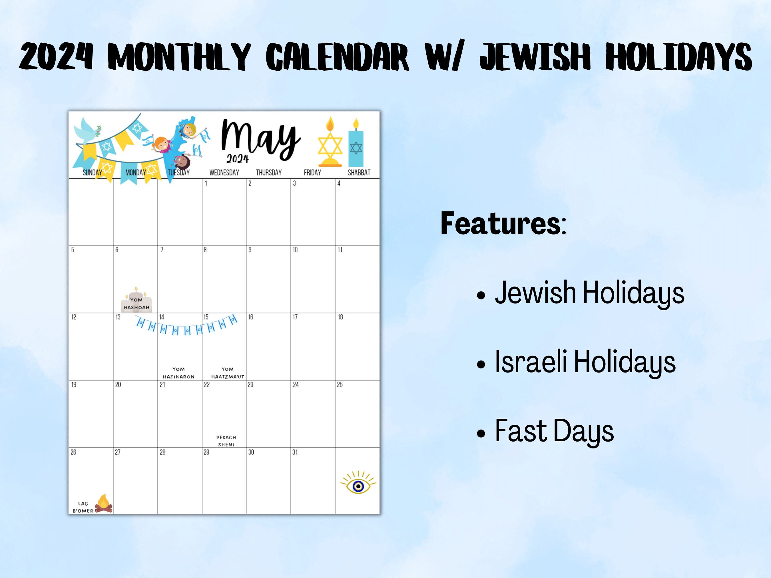 2024 Monthly Calender With Jewish and Israeli Holidays | Printable ...