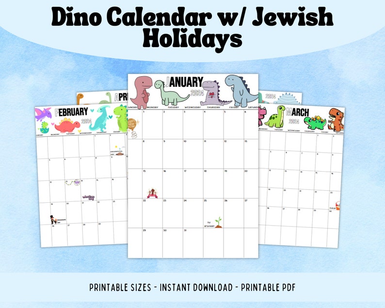 2024 Dinosaur Printable Monthly Calendar With Jewish and US Holidays ...