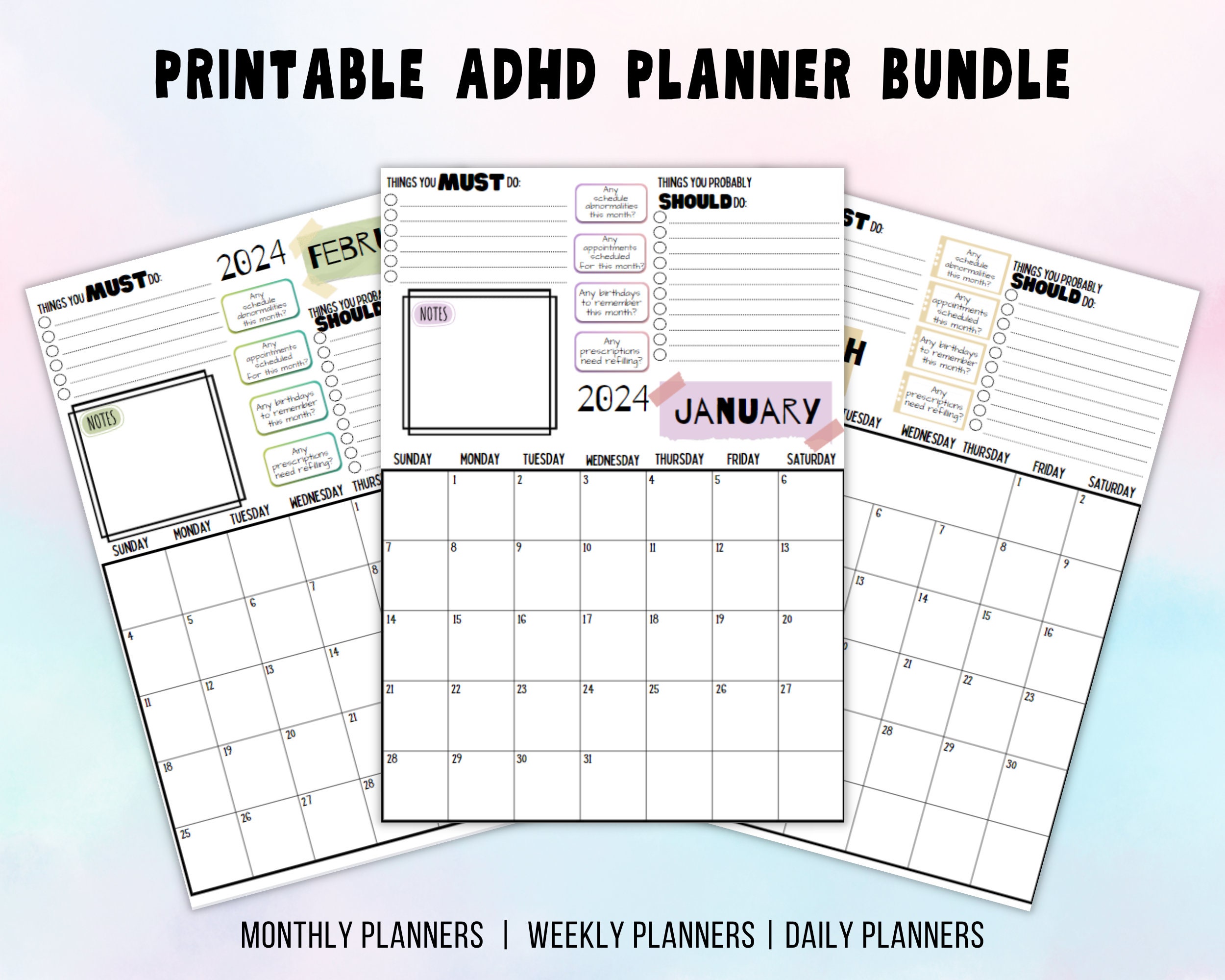 ADHD Planner Printable Bundle | 2024 Monthly Calendar | ADHD Daily ...