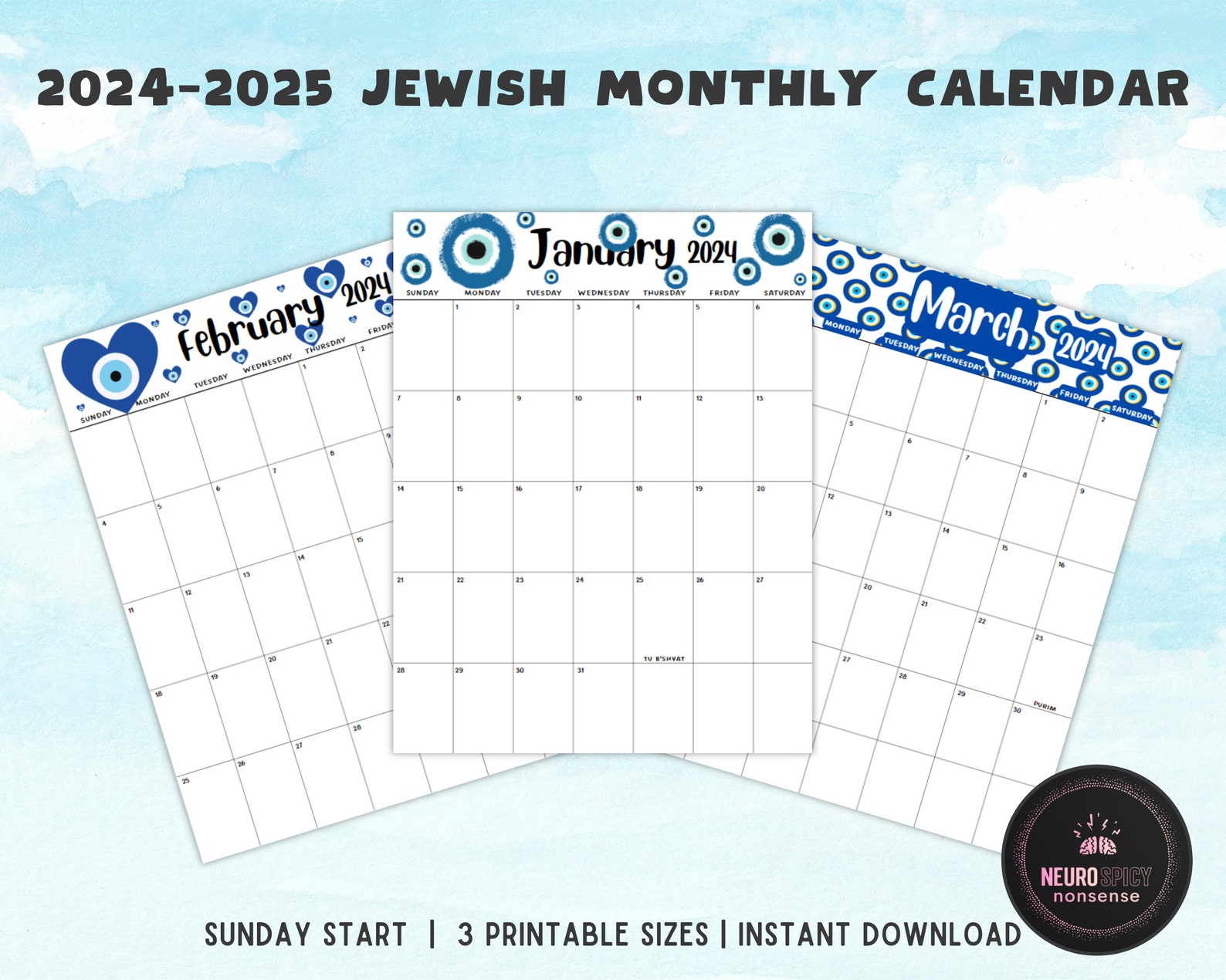 2024-2025 Jewish Calendar Evil Eye Printable | Evil Eye Printable ...