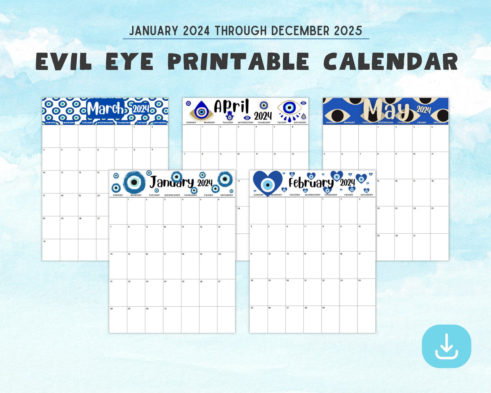 2024-2025 Evil Eye Blank Monthly Calendar Printable |2024 2025 ...