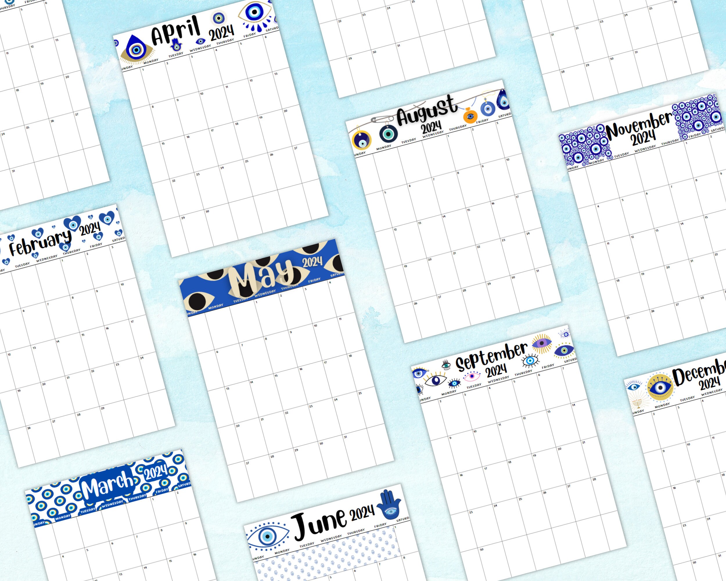 2024-2025 Evil Eye Blank Monthly Calendar Printable |2024 2025 ...