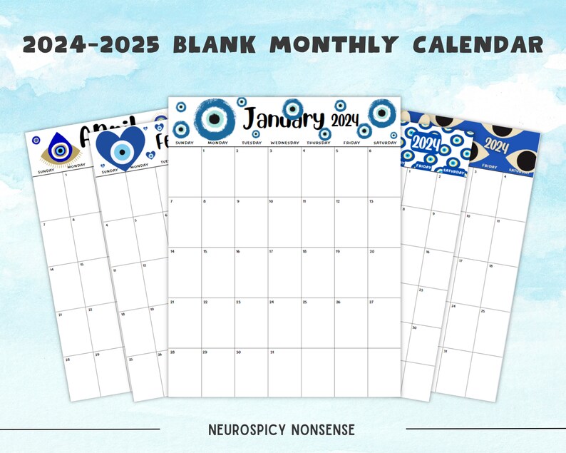 2024-2025 Evil Eye Blank Monthly Calendar Printable |2024 2025 ...