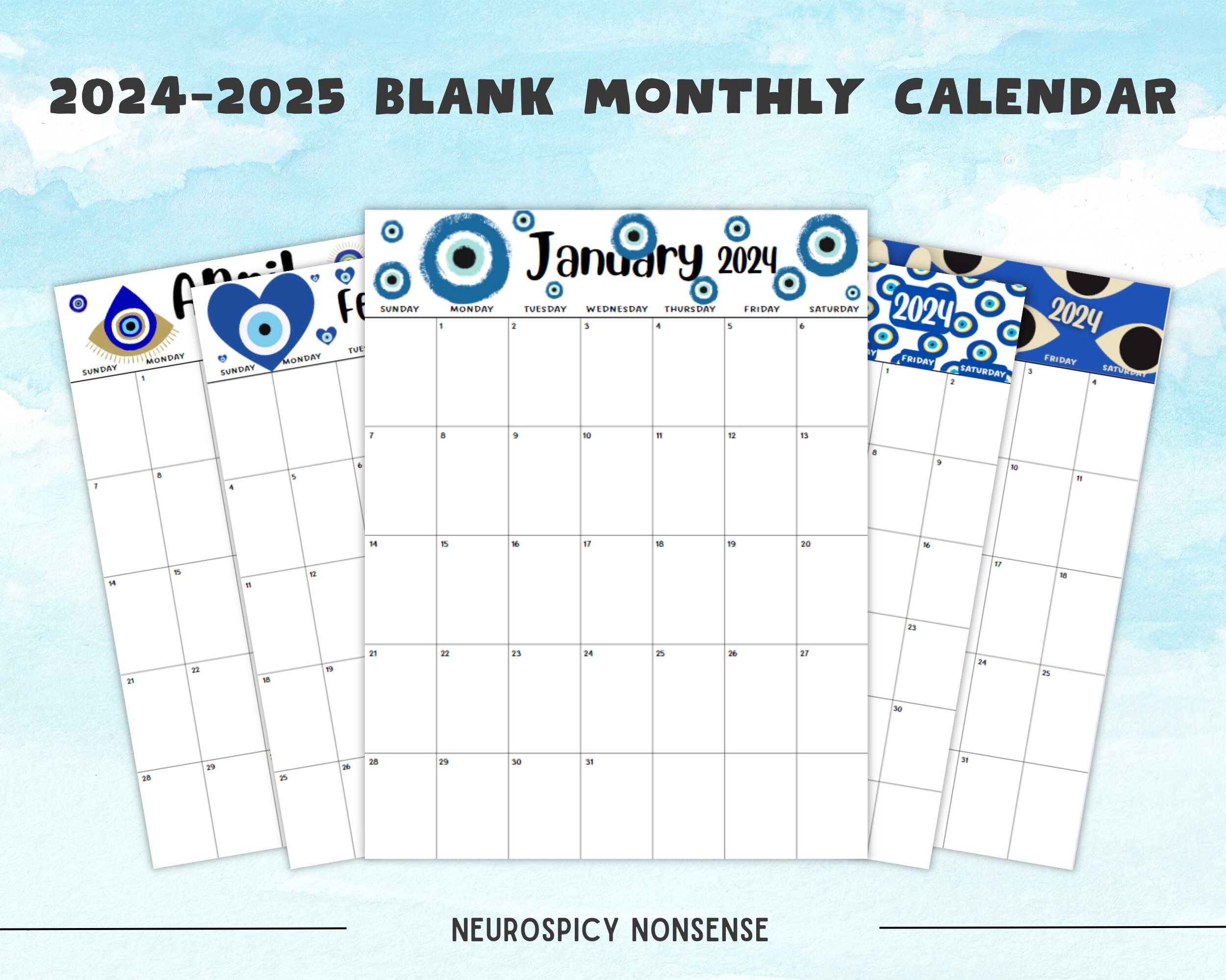 2024-2025 Evil Eye Blank Monthly Calendar Printable |2024 2025 ...