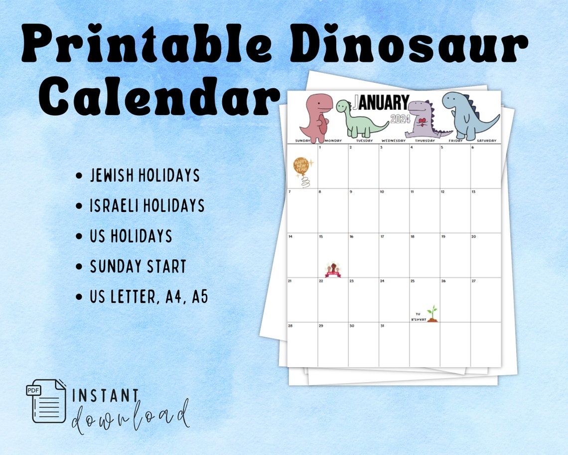2024 Dinosaur Printable Monthly Calendar With Jewish and US Holidays ...