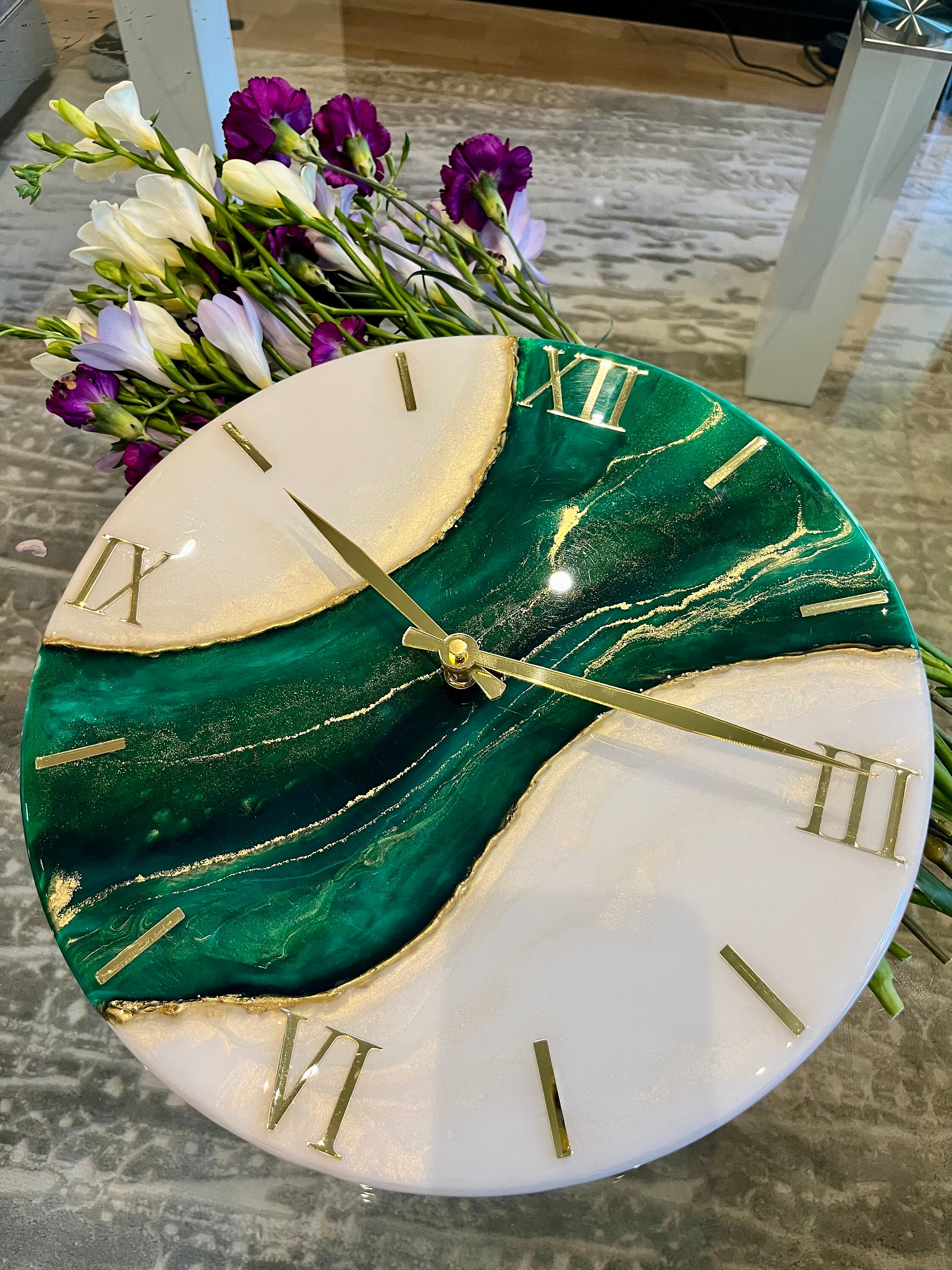 New Home Gift Modern Wall Clock Unique Emerald Wall Clock With Golden ...