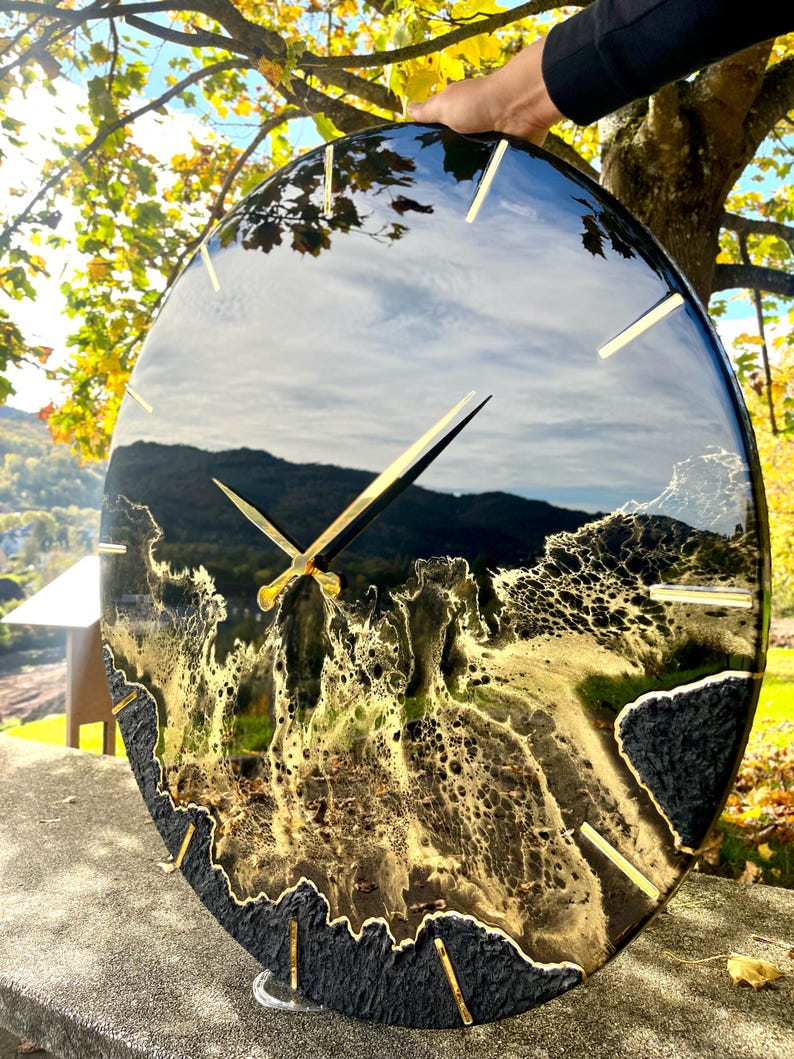 Epoxy Resin Wall Clock, Modern Black and Gold Art Decor - Etsy