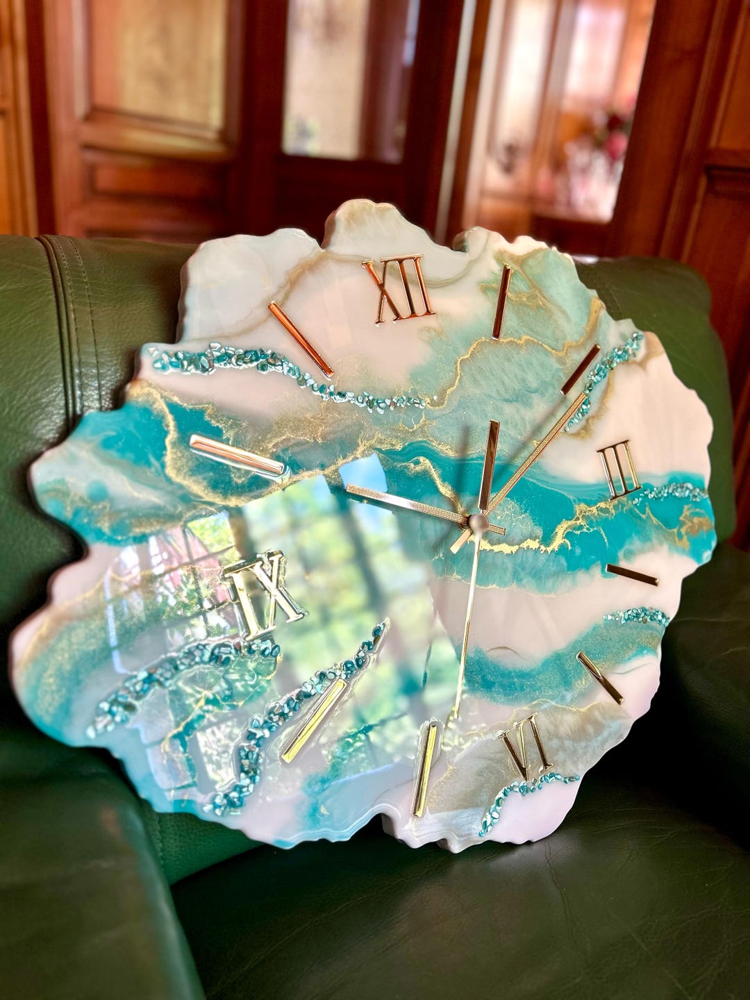 Large Wall Clock Turquoise Gold Wall Clock Unique Wall Decor Epoxy ...