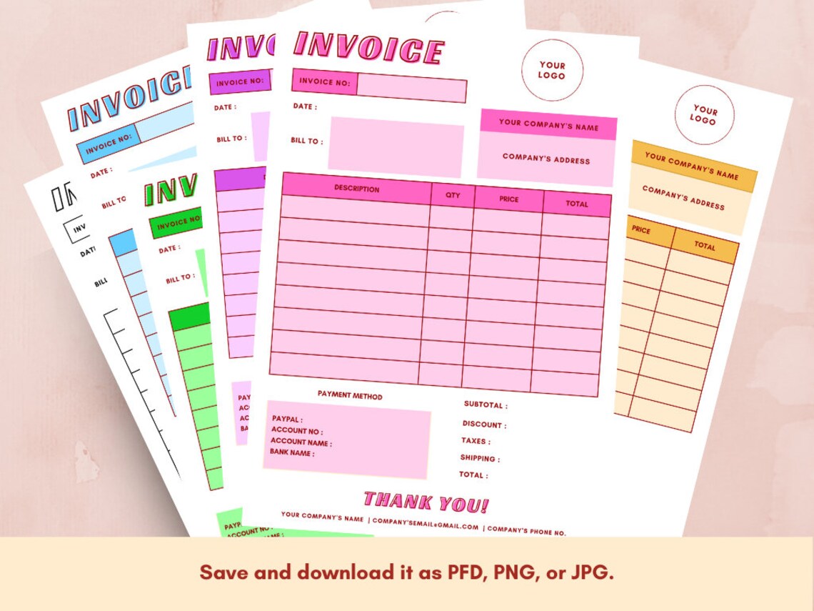 Invoice Template Printable Invoice Custom Order Forms 5 Premade Colors ...