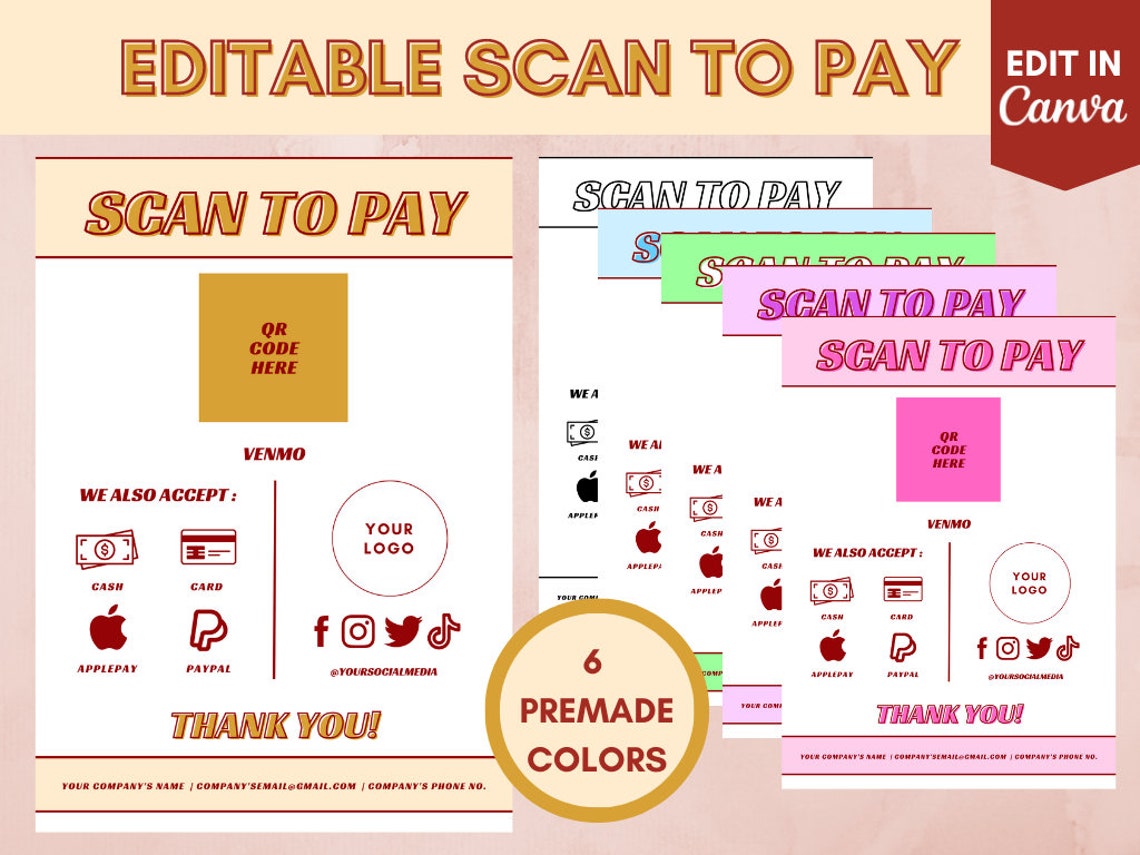Scan to Pay Template | Printable Scan to Pay| QR Template | 5 Premade ...