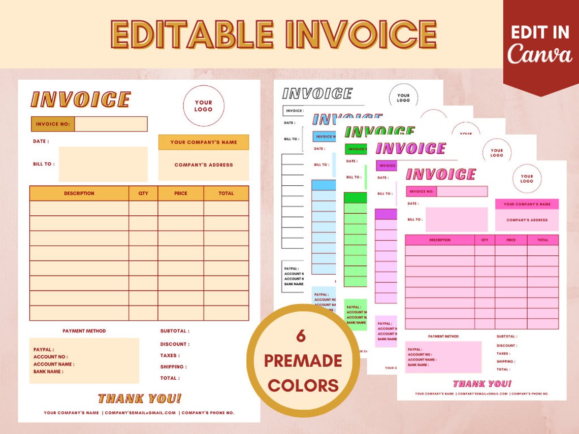 Invoice Template Printable Invoice Custom Order Forms 5 Premade Colors ...