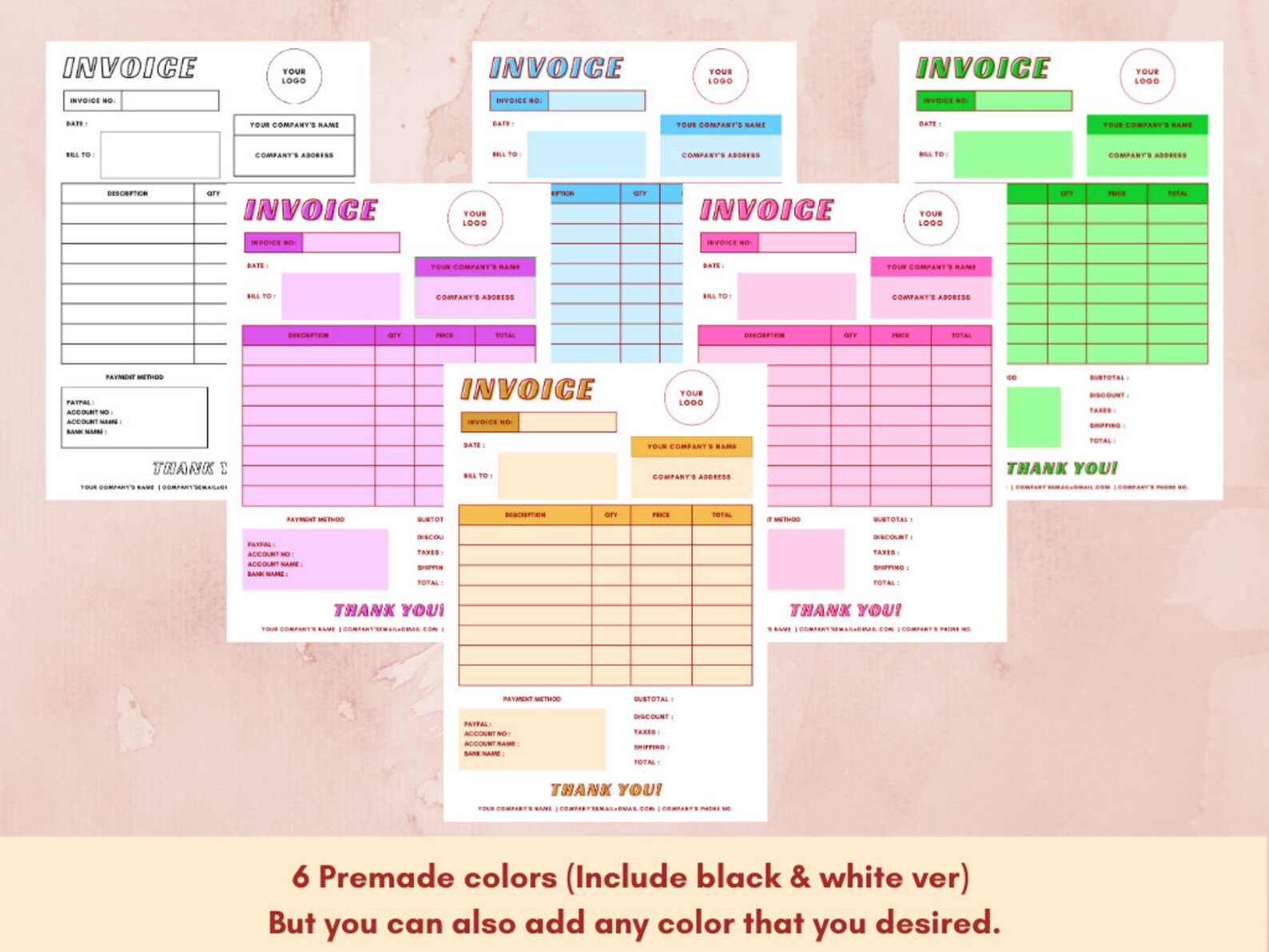 Invoice Template Printable Invoice Custom Order Forms 5 Premade Colors ...