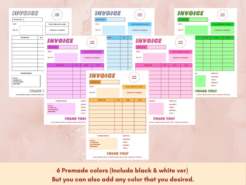Invoice Template Printable Invoice Custom Order Forms 5 Premade Colors ...