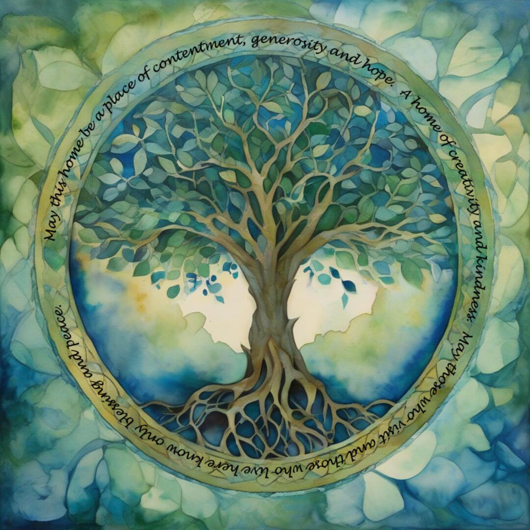 Blue Water Color Tree of Life With Home Blessing - Etsy