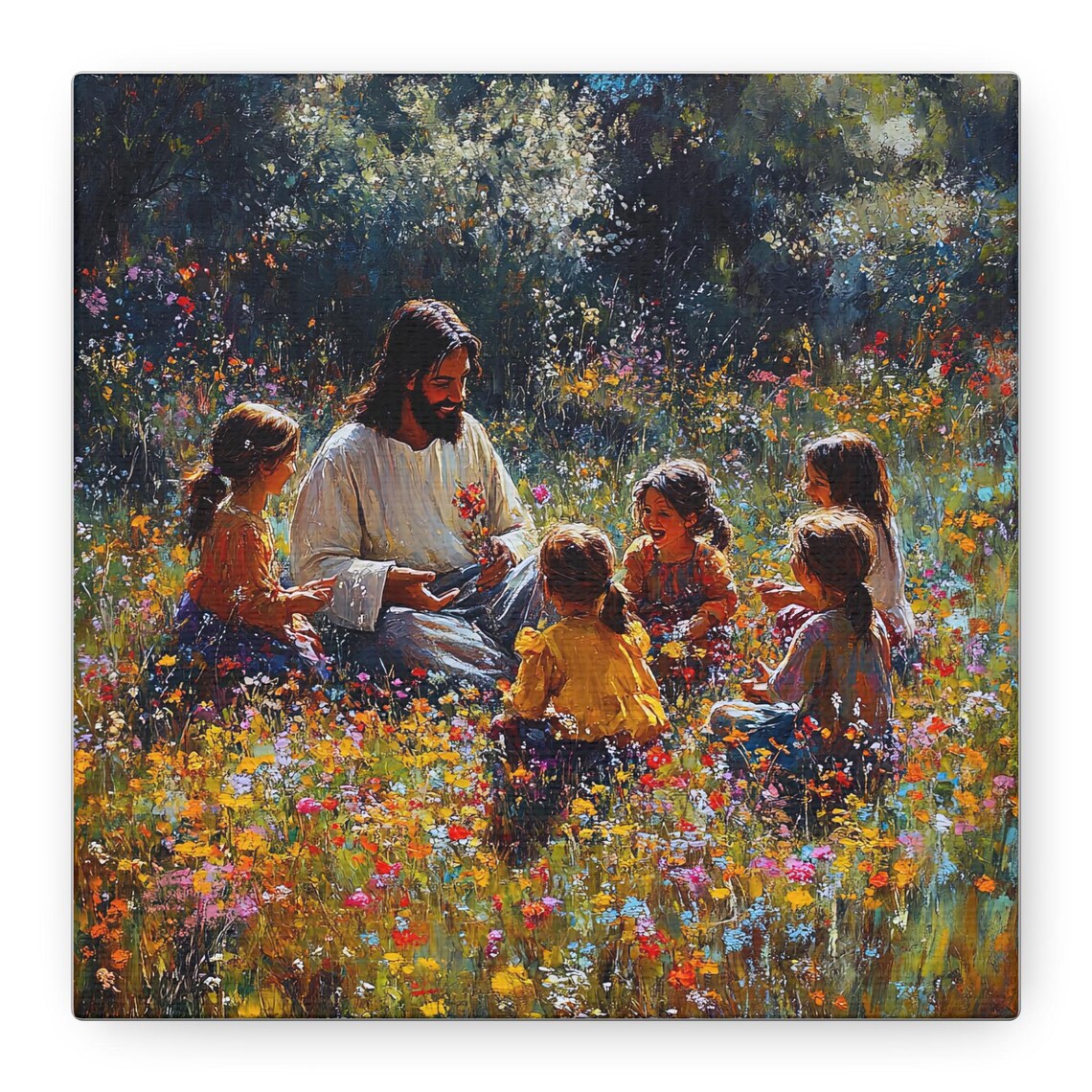 Jesus With Children Canvas Art, Wildflower Meadow Christian Wall Decor ...