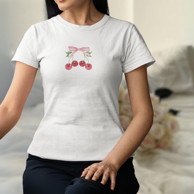 Cherry With a Bow Tee, Pink Bow Shirt, Cherries Shirt, Coquette Top ...
