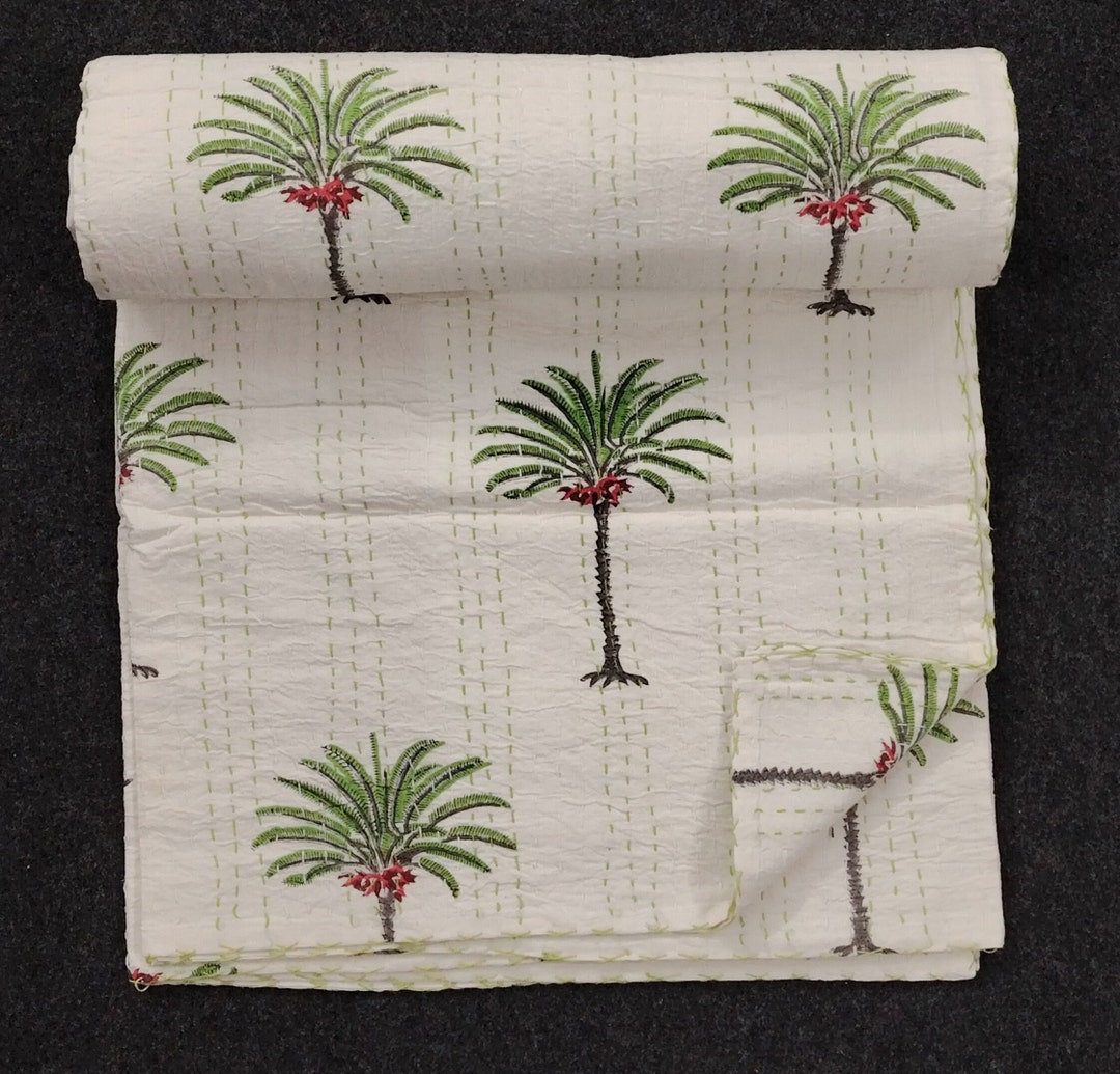 Handmade Kantha Quilt, Palm Tree Print, Cotton Bedspread, Queen Size - Etsy