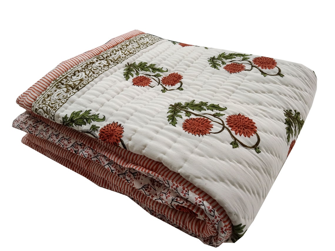 Boho Quilt Indian Razai, Hand Block Jaipuri Print Reversible Floral ...