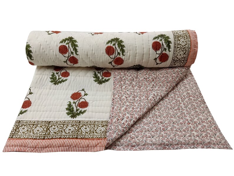 Boho Quilt Indian Razai, Hand Block Jaipuri Print Reversible Floral ...