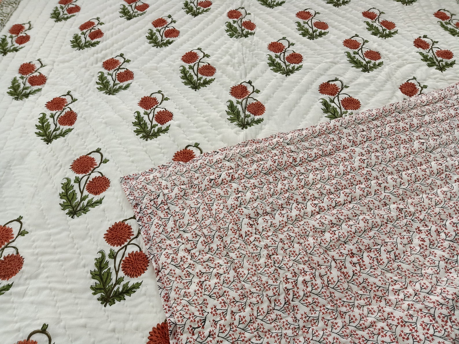 Boho Quilt Indian Razai, Hand Block Jaipuri Print Reversible Floral ...