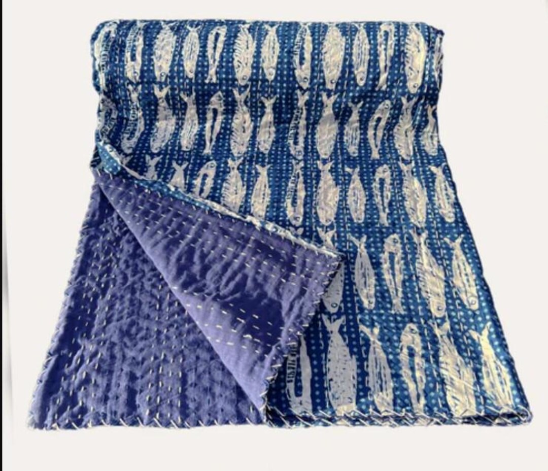 Blue Fish Print Throw Blanket Quilt/king Size Indigo Quilt /quilt/hand ...