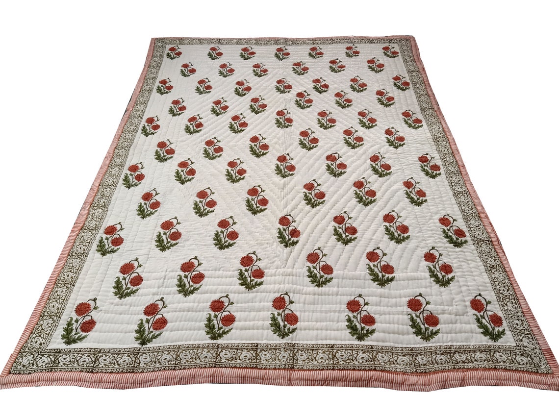 Boho Quilt Indian Razai, Hand Block Jaipuri Print Reversible Floral ...