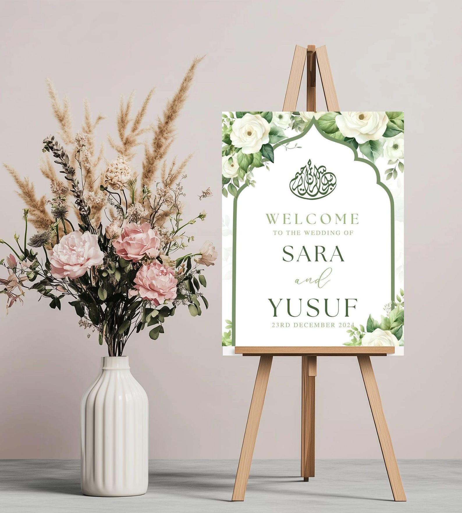 Walima Welcome Sign as Wedding Decor, Green White Nikkah Welcome Sign ...