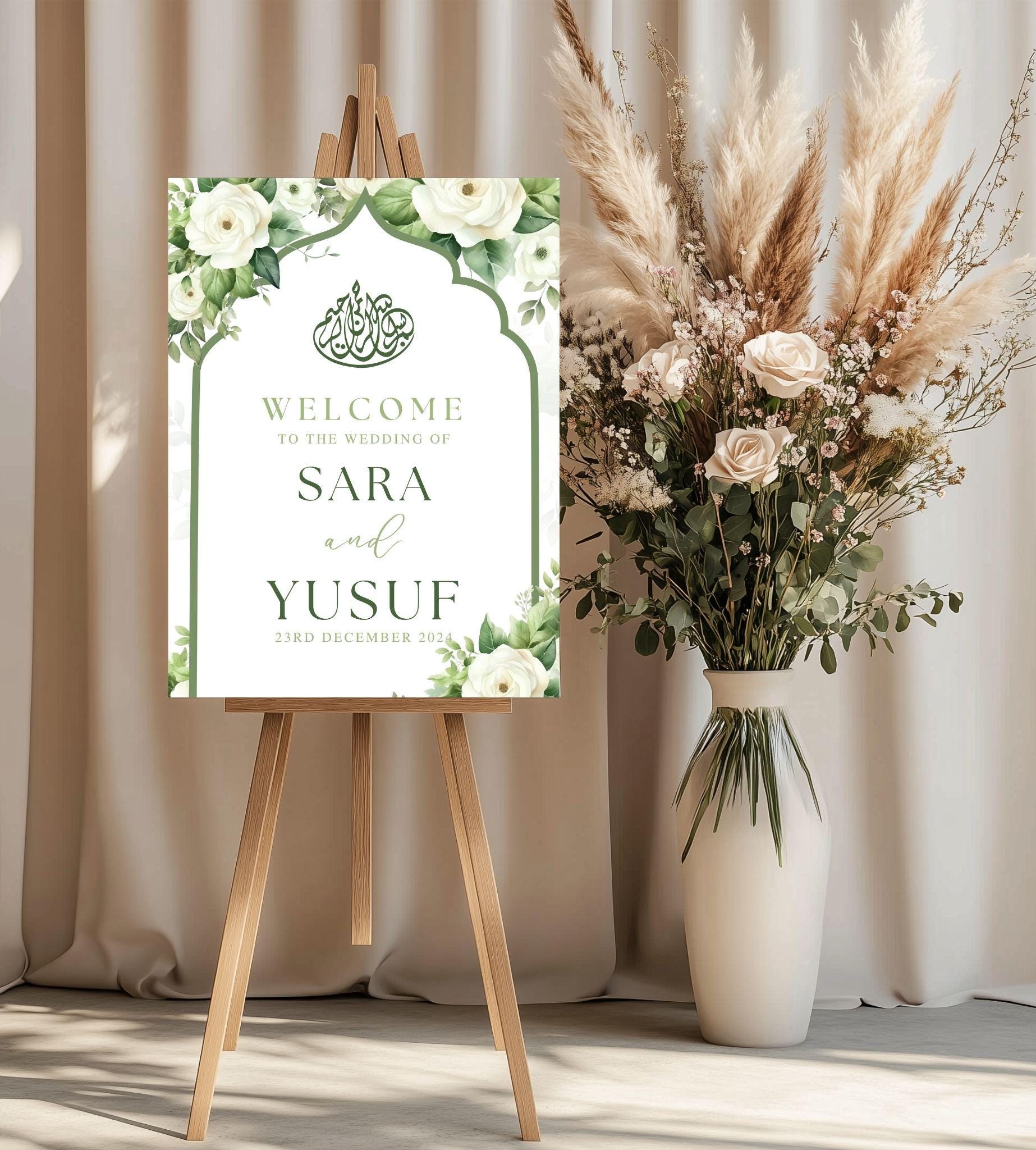 Walima Welcome Sign as Wedding Decor, Green White Nikkah Welcome Sign ...