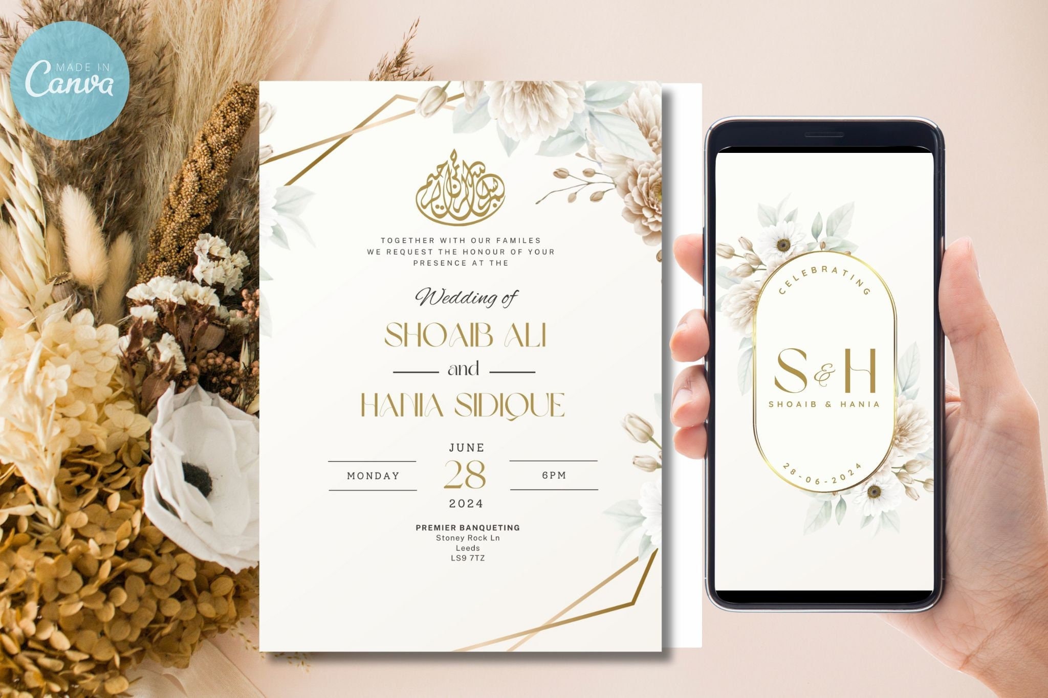 Digital Muslim Wedding Invitation Template, Electronic Elegant Flower ...
