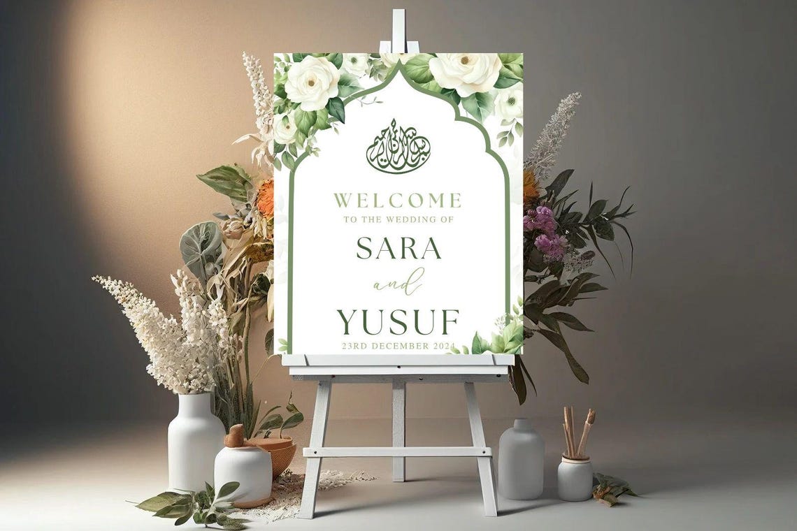 Walima Welcome Sign as Wedding Decor, Green White Nikkah Welcome Sign ...