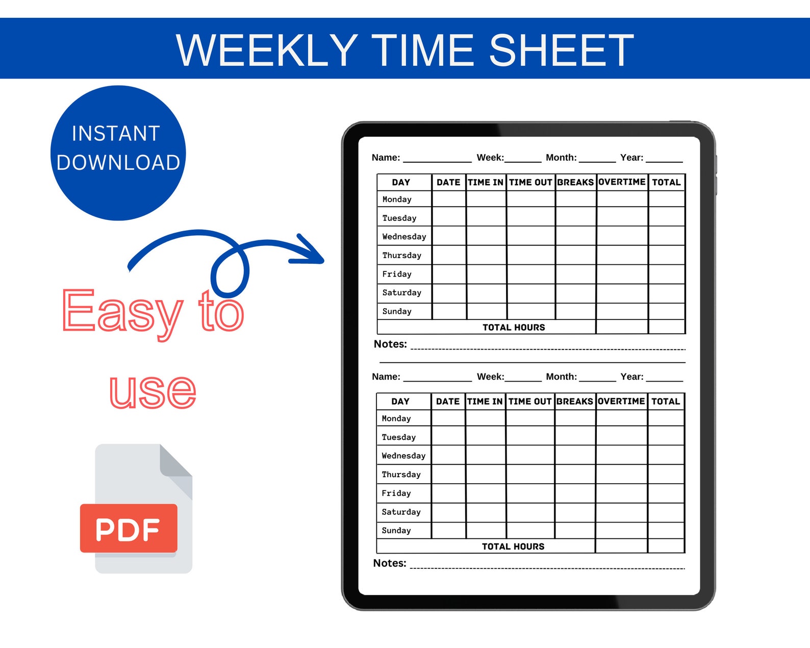 Efficient Weekly Time Sheet, Printable Digital Download PDF for ...
