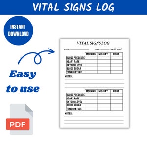Vital Signs Log, Blood Pressure, Heart Rate, Oxygen Level, Temperature ...