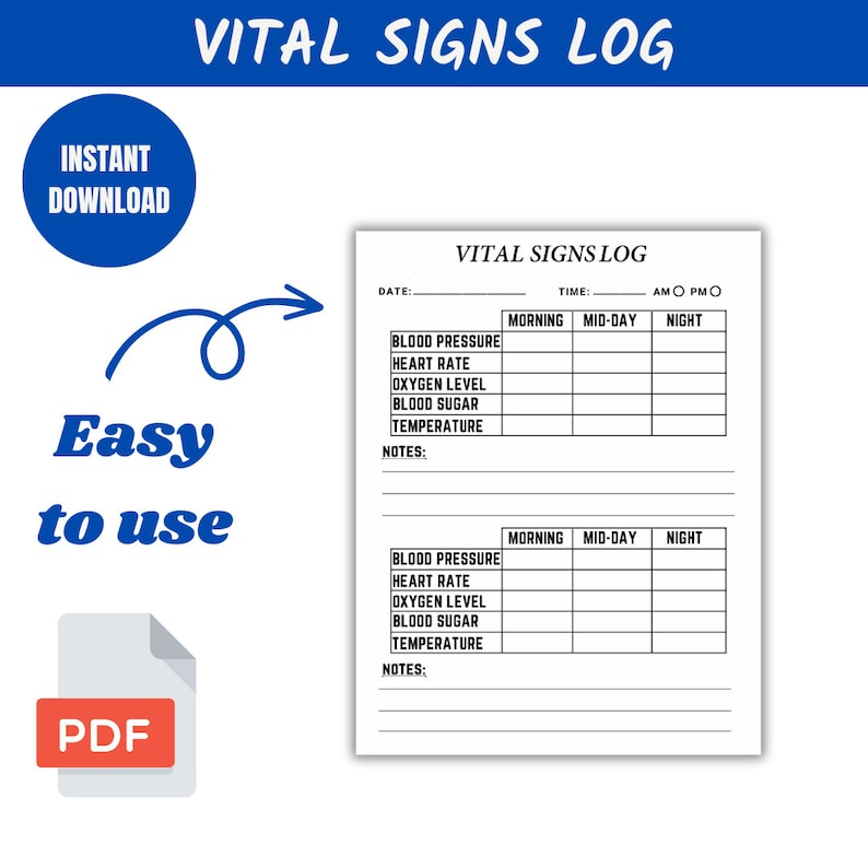 Vital Signs Log, Blood Pressure, Heart Rate, Oxygen Level, Temperature ...