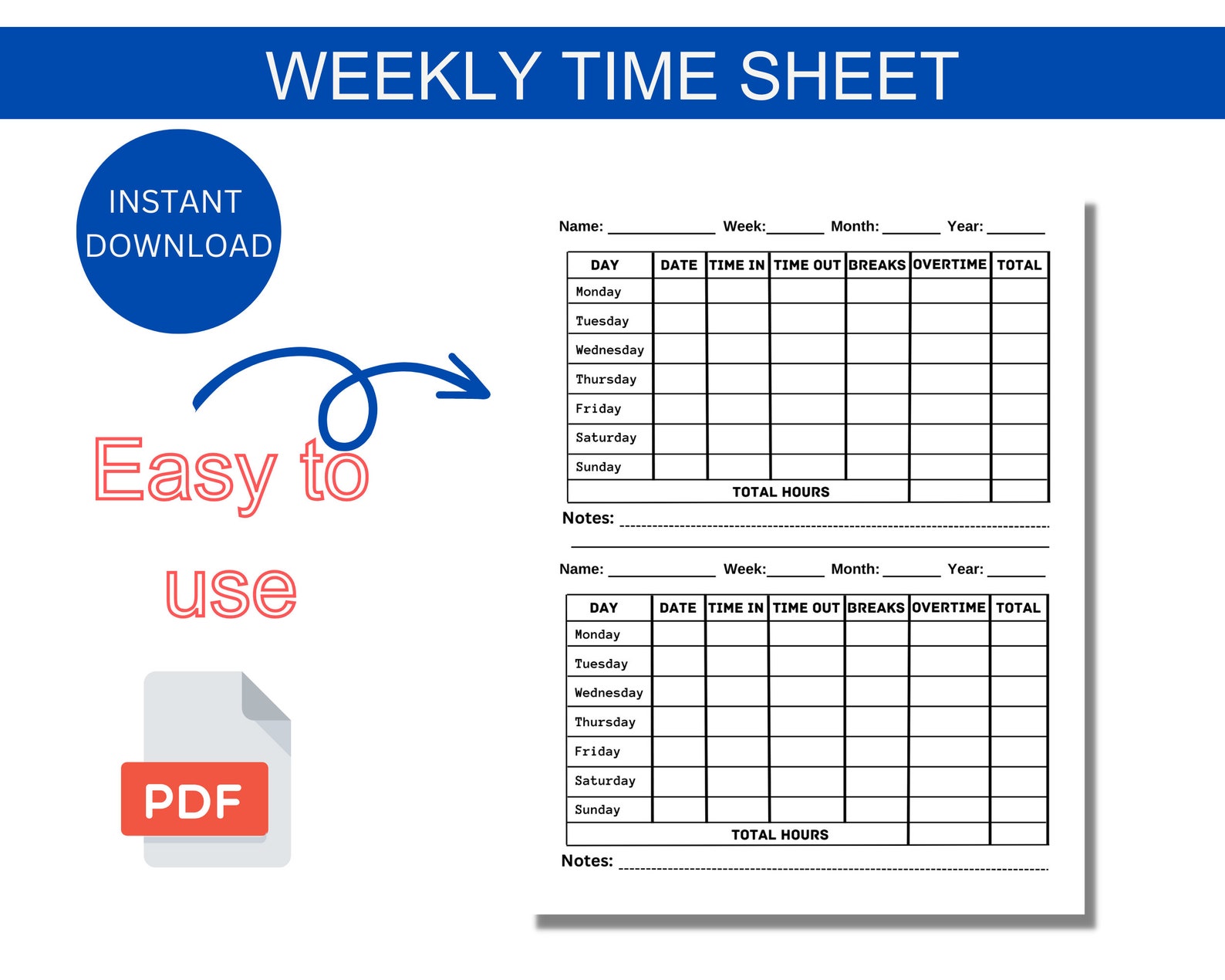 Efficient Weekly Time Sheet, Printable Digital Download PDF for ...