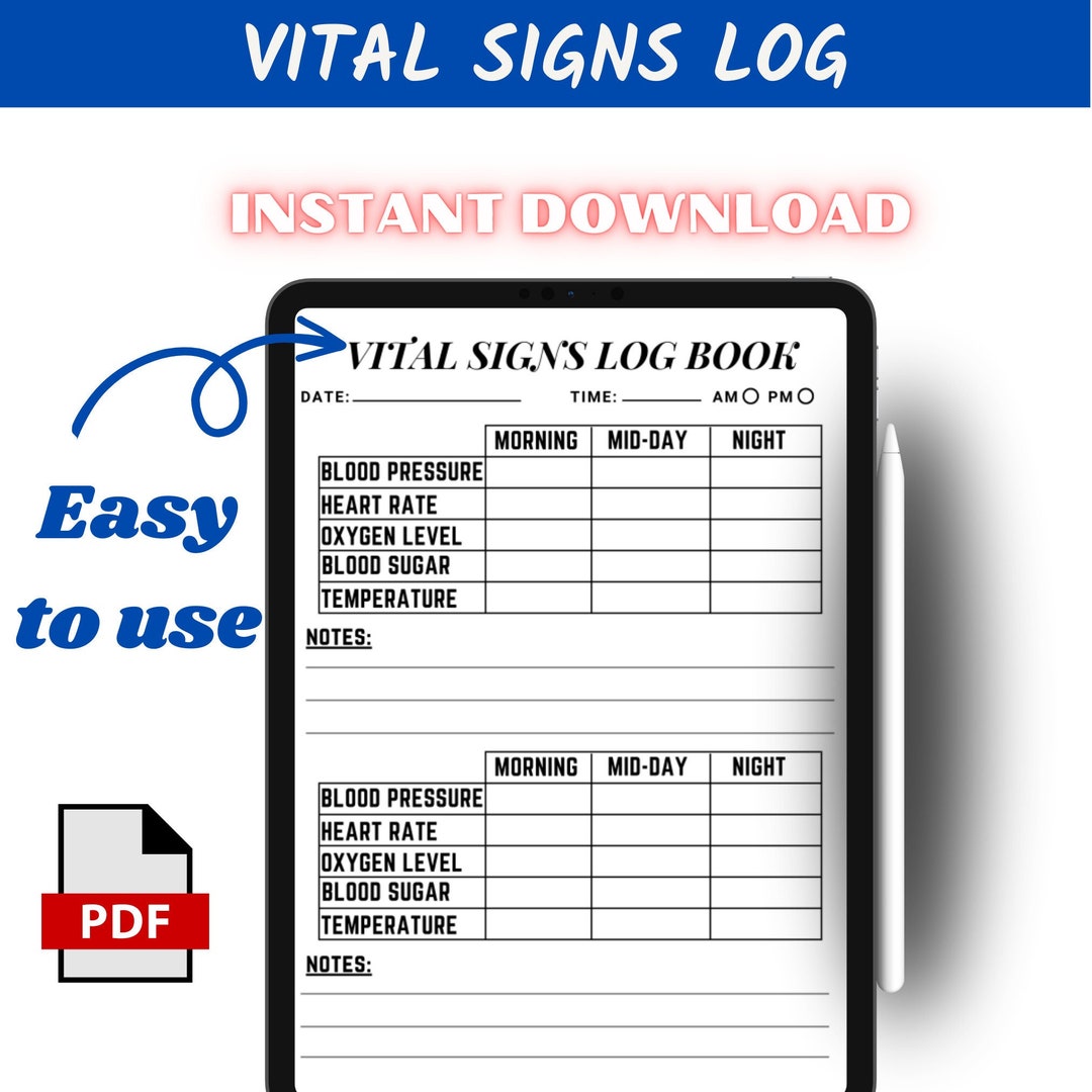 Vital Signs Log Blood Pressure Heart Rate Oxygen Level - Etsy