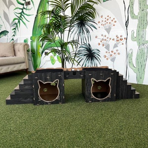 Modern Wooden Cat Castle: Two-story Cat House With Bridge - Etsy