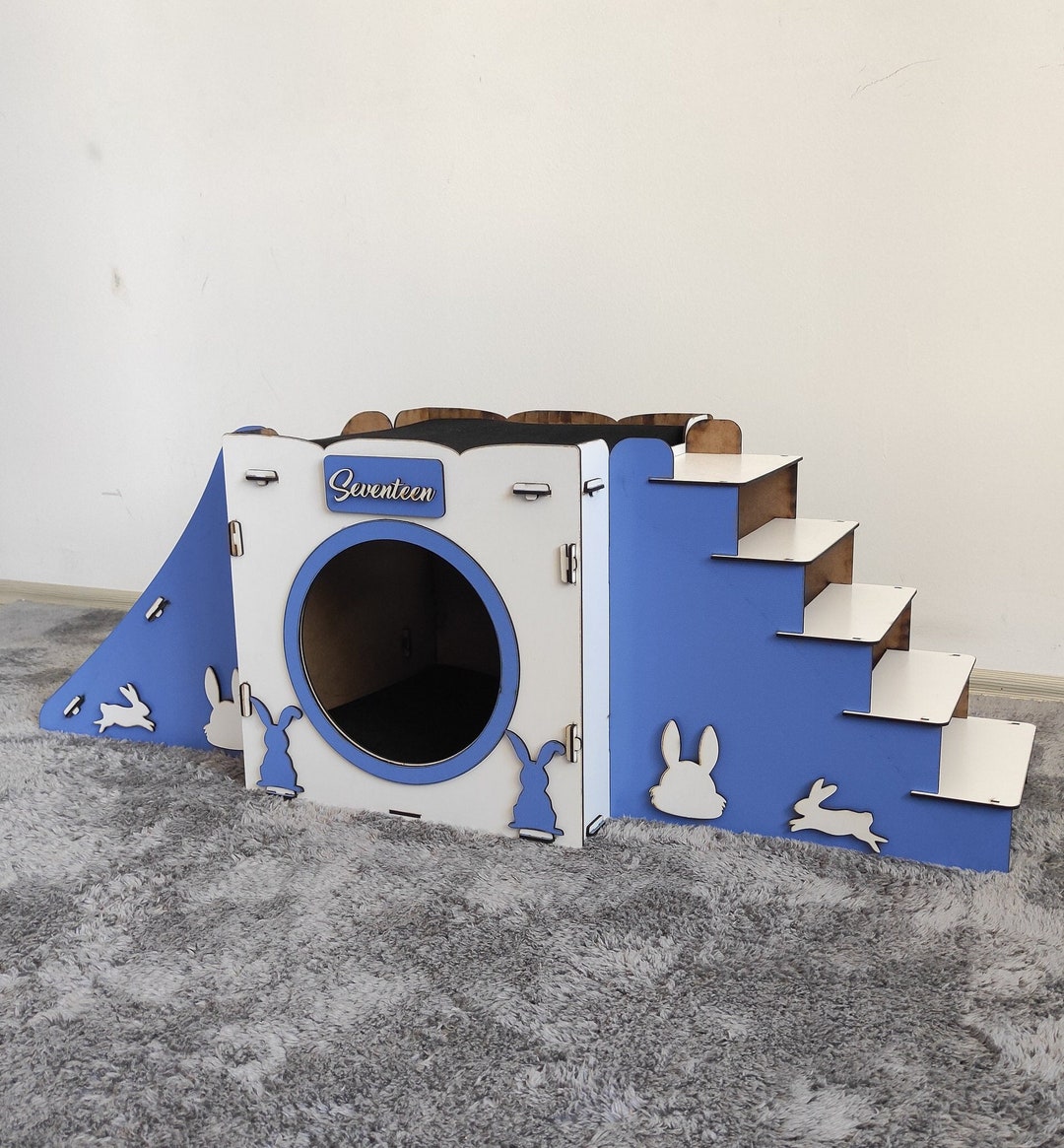 Modern Wooden Rabbit Castle: Blue & White Bunny Playhouse - Etsy