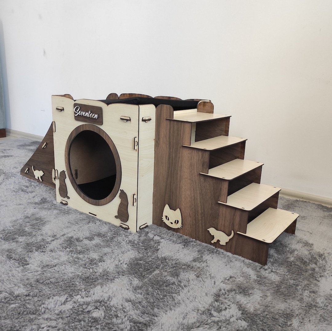 Modern Wooden Cat Castle: 2-floor Cat Playhouse With Ramp - Etsy