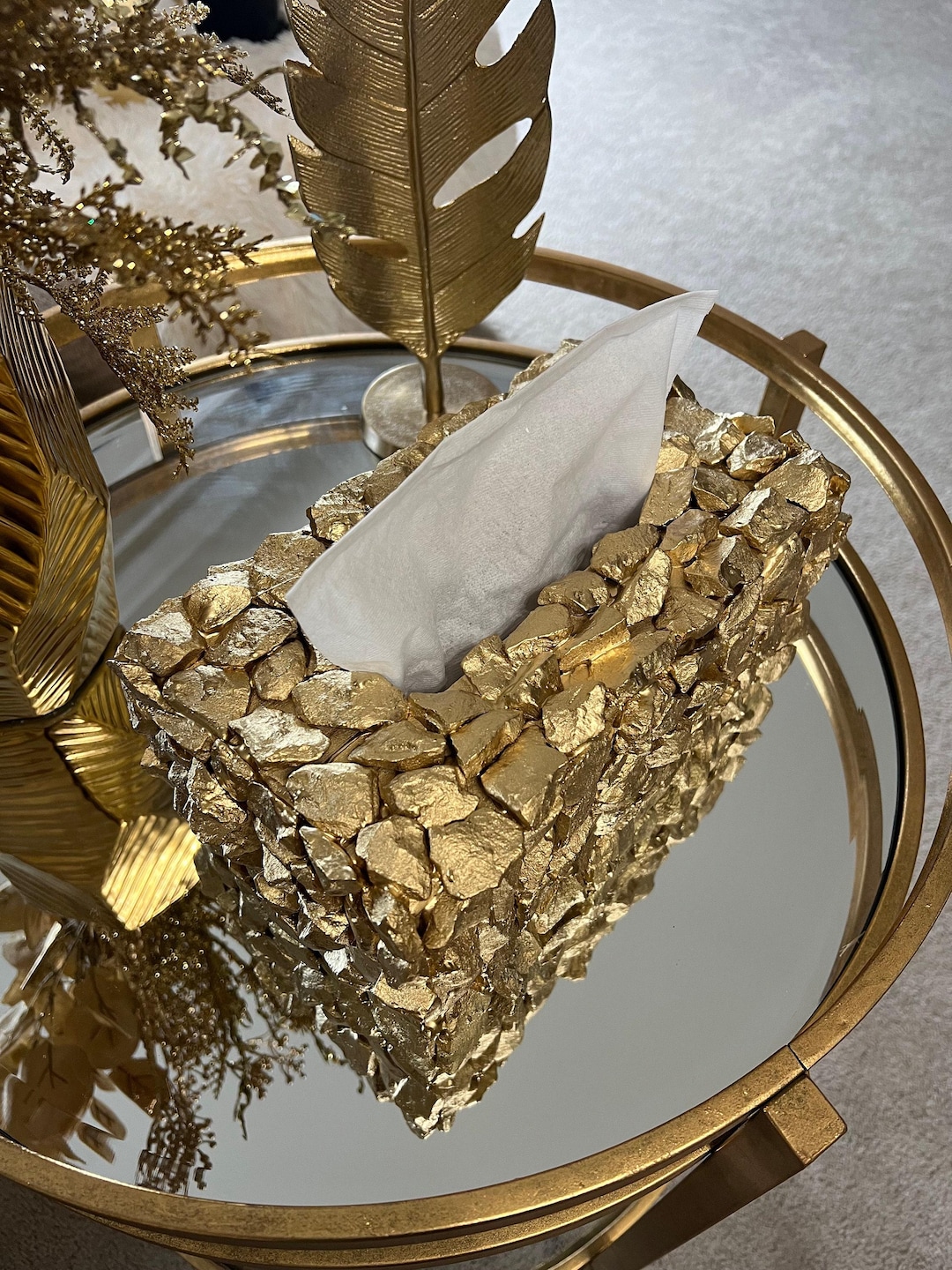 Handmade Gold Leaf Crystal Tissue Box Cover: Rectangular Bathroom Decor ...