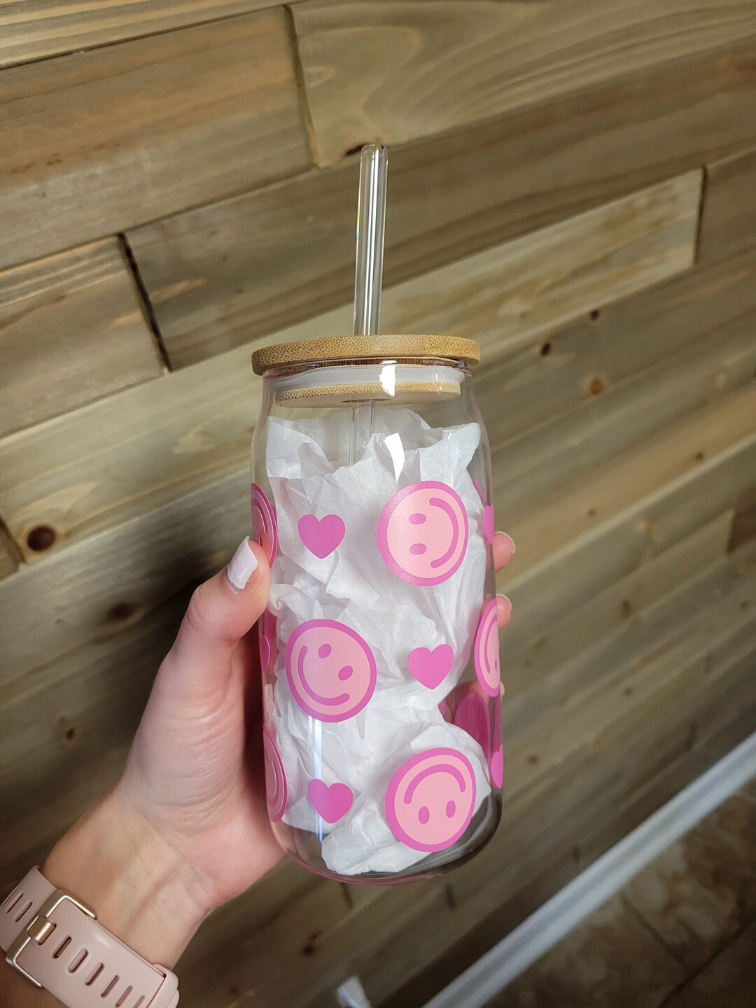 Pink Smiley Face Glass Soda Can, Retro Smiley and Hearts Cup, Bamboo ...