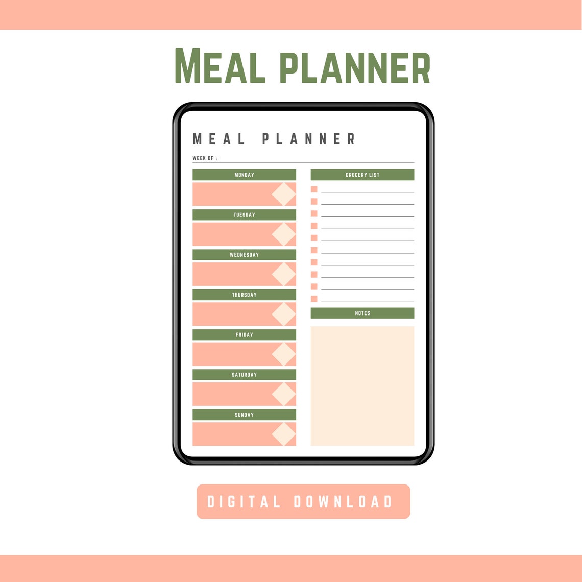 Meal Planner Printable, Daily Food Journal, Grocery List Food Diary ...