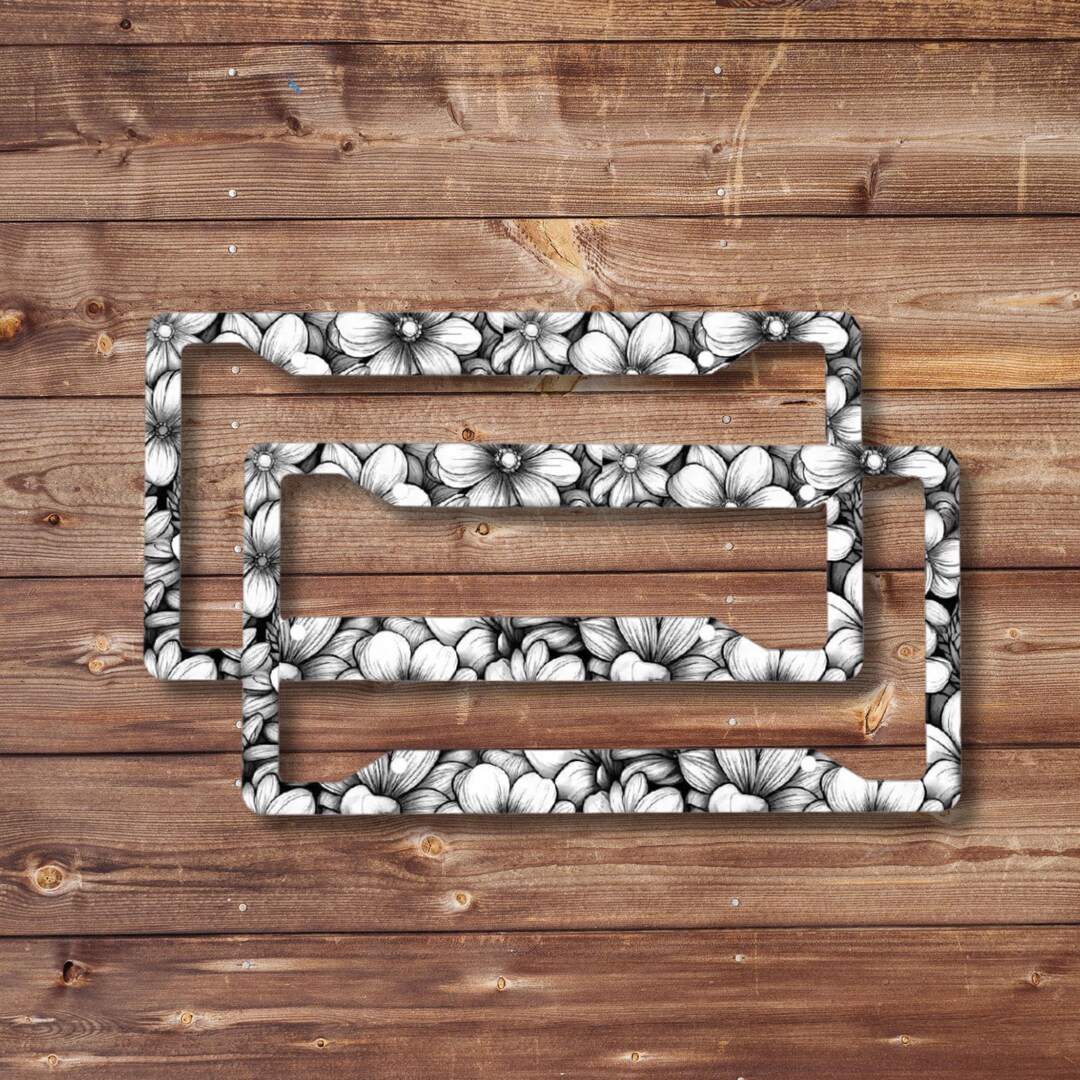 Floral Line Art License Plate Frame Set: Black & White Aluminum (2 Pack ...