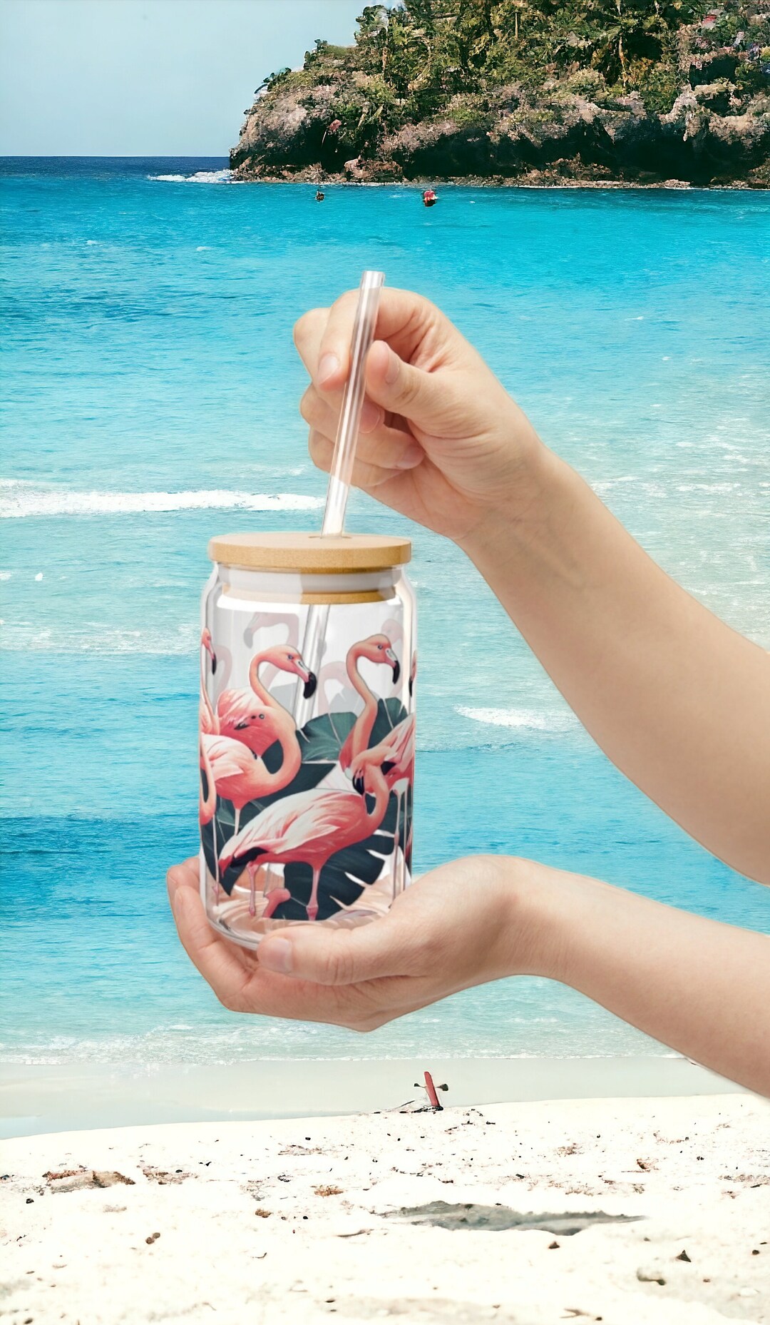 Pink Flamingos Paradise, Iced Coffee Glass With Bamboo Lid, Beer Can ...