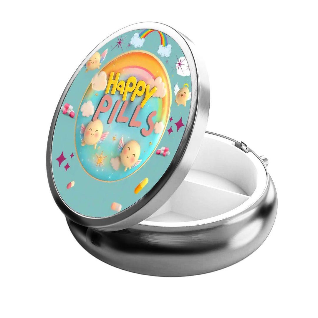 Happy Pill Funny Round Small Pill Box, Medication Holder, Pill ...