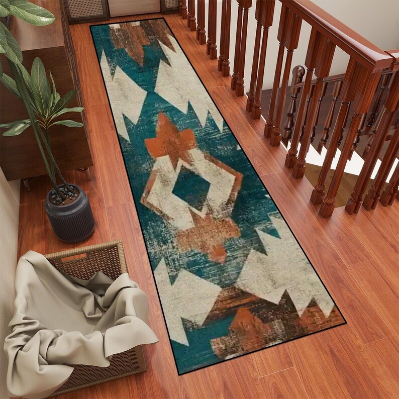 Teal Aztec Runner Rug: Southwestern Boho Hallway Carpet (120x24) - Etsy