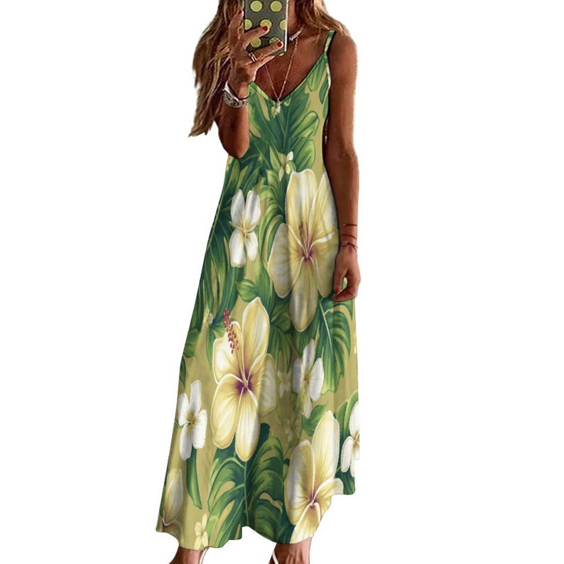 Tropical Floral Maxi Dress for Women, Sleeveless Sundress With Yellow ...