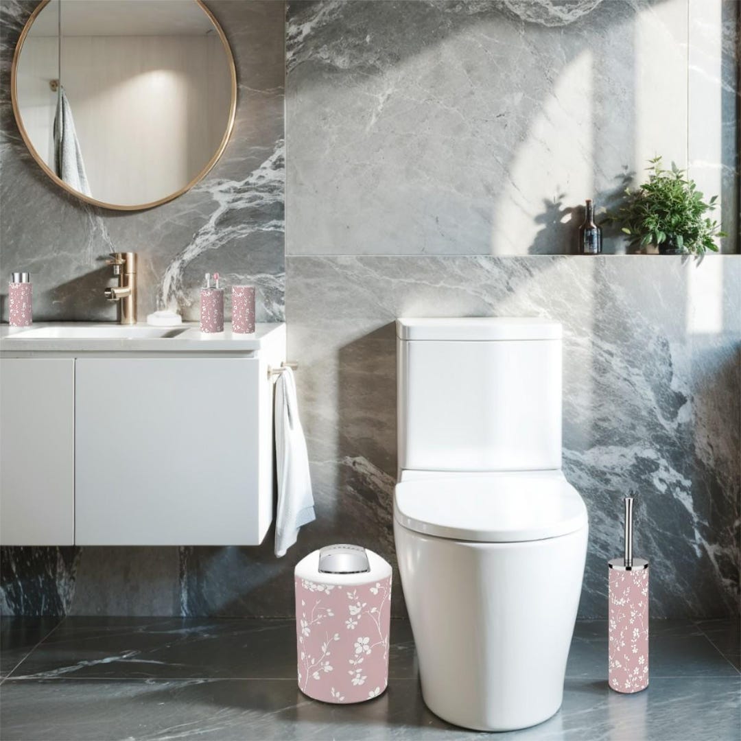 Pink Floral Design Custom Bathroom Accessories Set 6 Pcs, Custom Bath ...