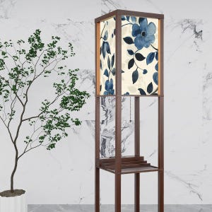 Blue Floral Shelf Lamp,wooden Tower Light With Bold Flower Pattern ...